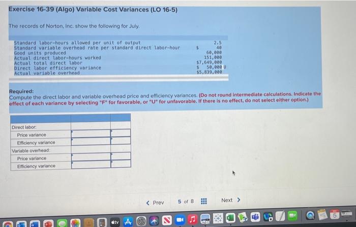 Solved Exercise 16-39 (Algo) Variable Cost Variances (LO | Chegg.com