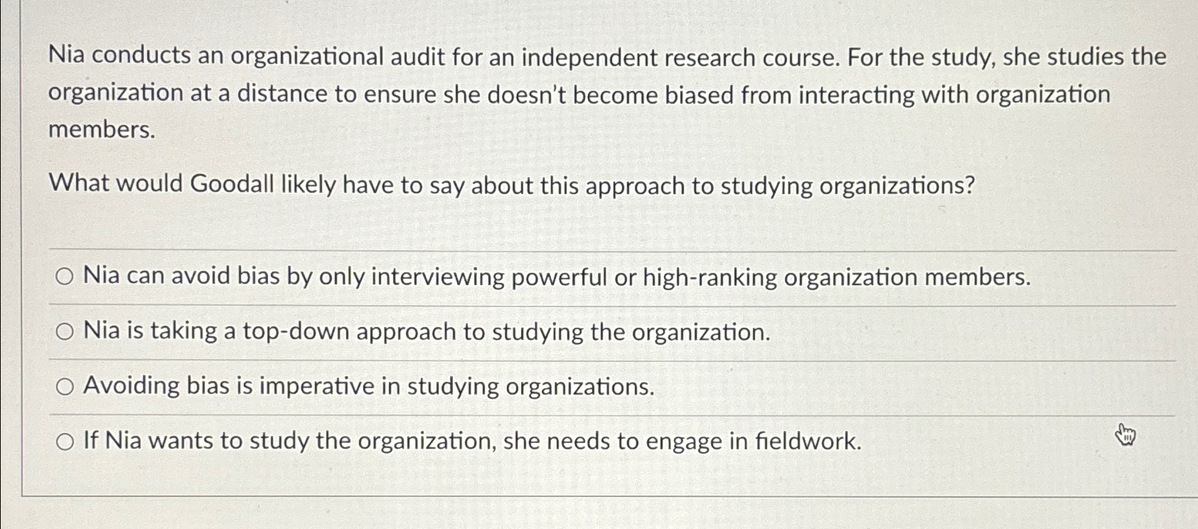 Solved Nia conducts an organizational audit for an | Chegg.com