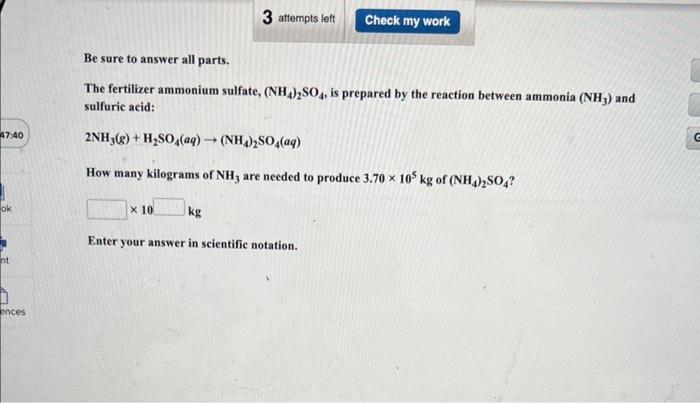 Solved Be sure to answer all parts. The fertilizer ammonium | Chegg.com