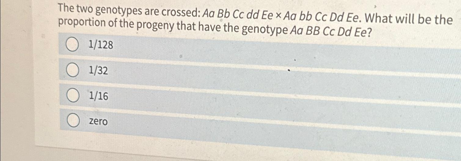 Solved The two genotypes are crossed: AaBbCcddEe×AabbCcDdEe. | Chegg.com