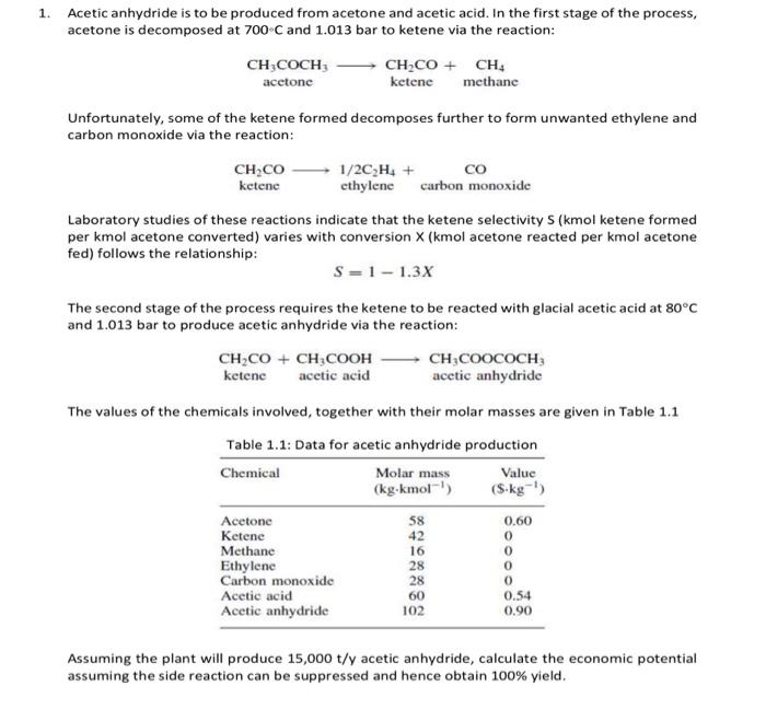 Solved Acetic anhydride is to be produced from acetone and | Chegg.com