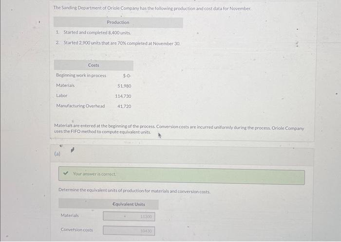 Solved The Sanding Department of Oriole Company has the | Chegg.com
