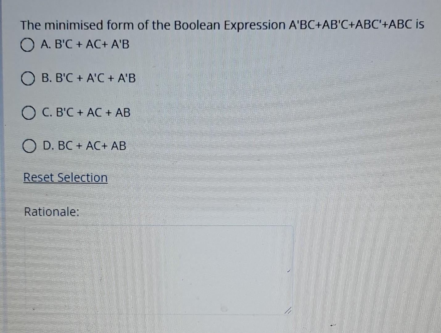 Solved The minimised form of the Boolean Expression | Chegg.com