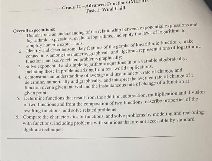 Solved Grade 12 - Advanced Functions (M Task 1: Wind Chill | Chegg.com