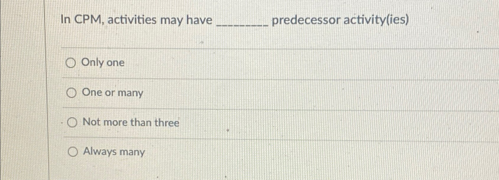 Solved In CPM, ﻿activities may havepredecessor | Chegg.com