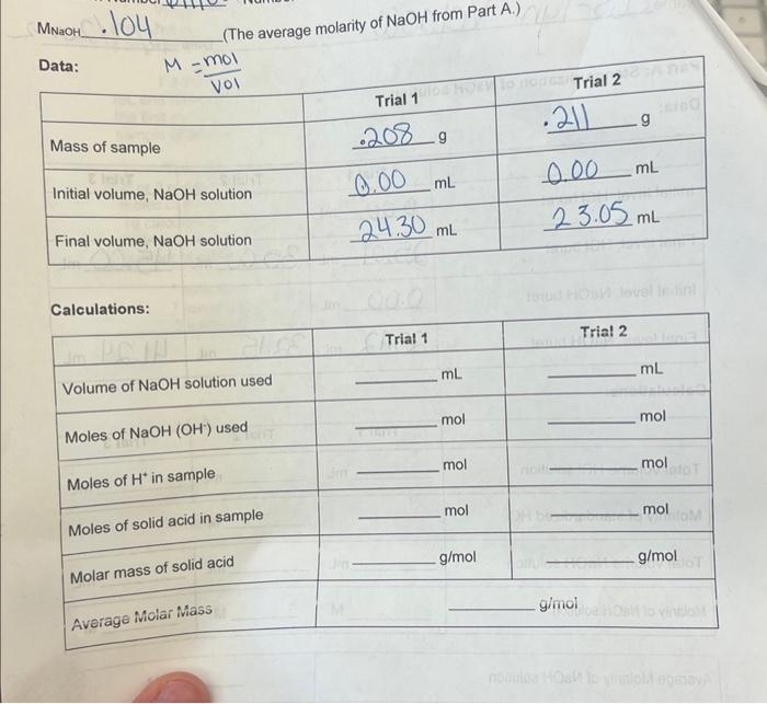 Solved MNaOH .104 (The average molarity of NaOH from Part | Chegg.com