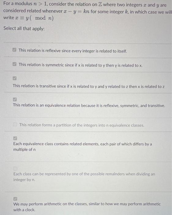 Solved For a modulus n>1, consider the relation on Z where | Chegg.com
