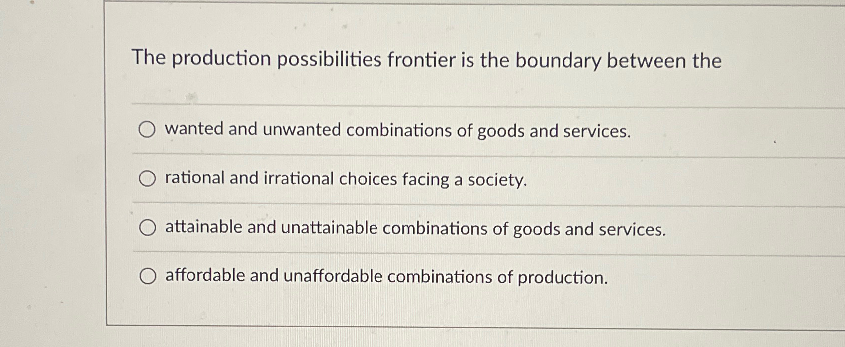 Solved The production possibilities frontier is the boundary | Chegg.com