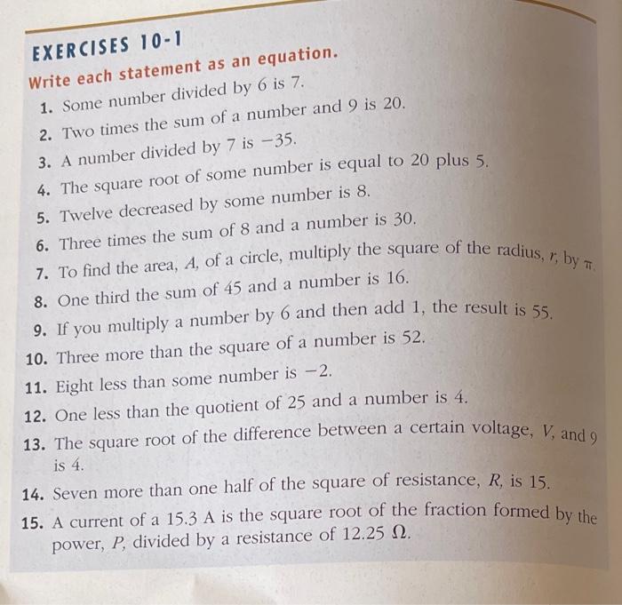 Solved EXERCISES 10−1 Write each statement as an equation. | Chegg.com