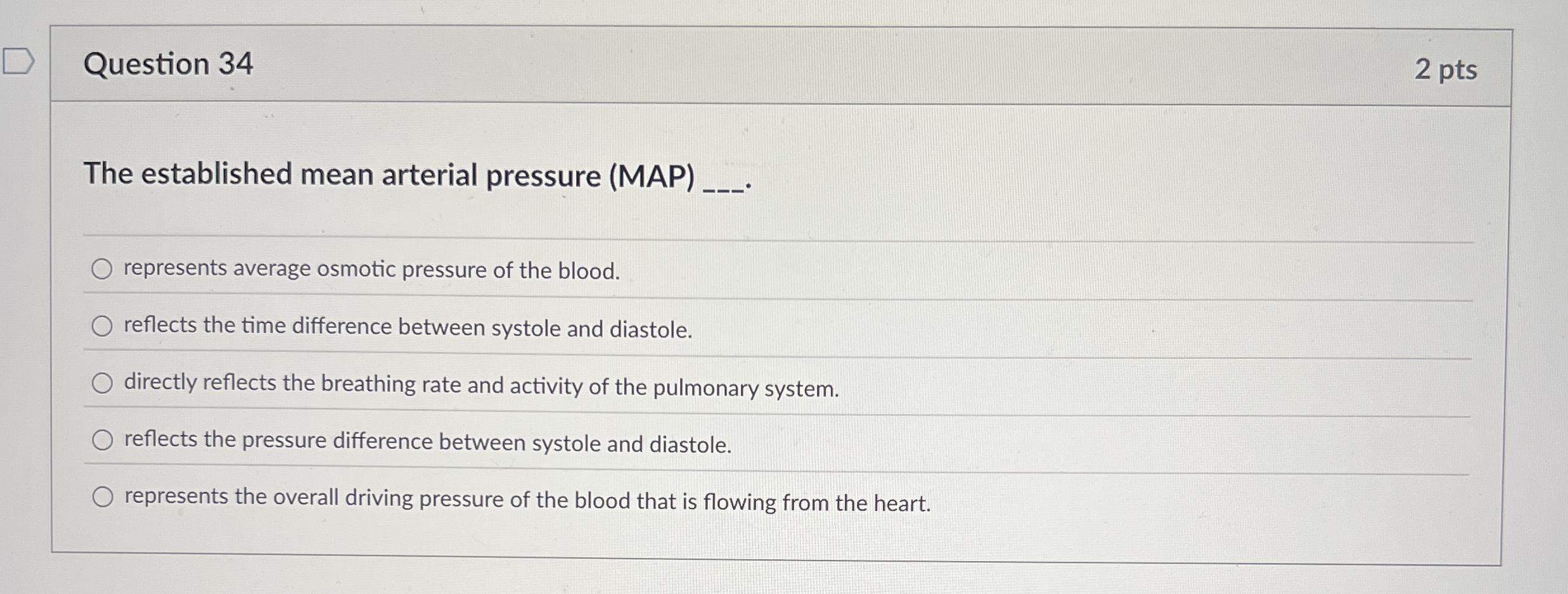 Solved Question 342 ﻿ptsThe established mean arterial | Chegg.com