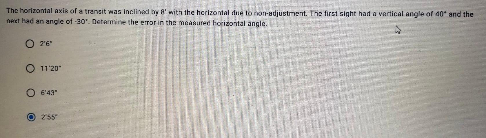 Solved The horizontal axis of a transit was inclined by 8' | Chegg.com