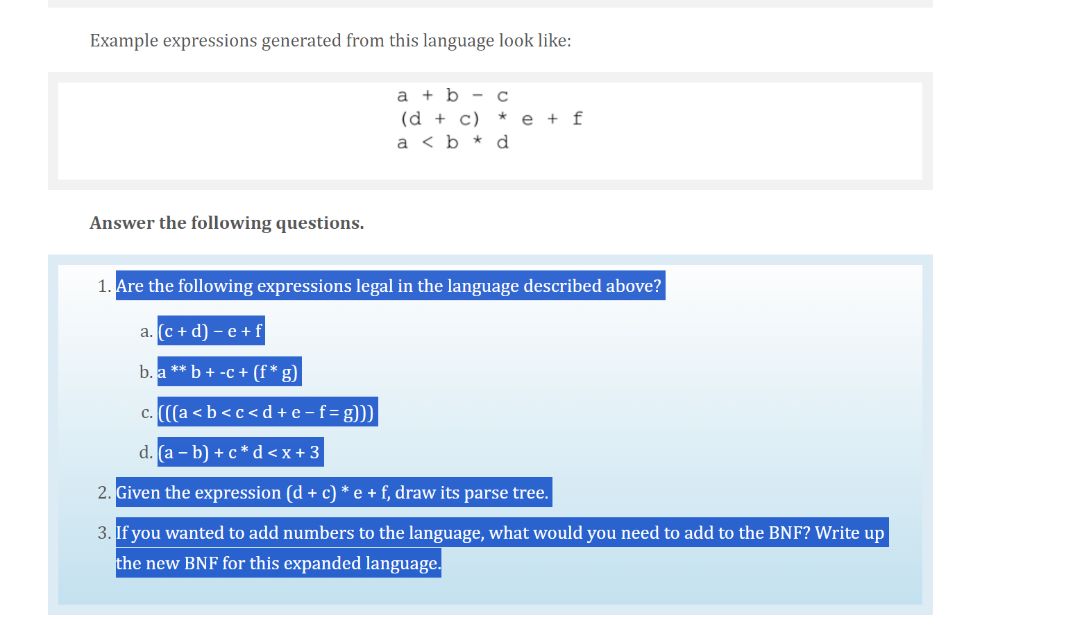 Example expressions generated from this language look | Chegg.com