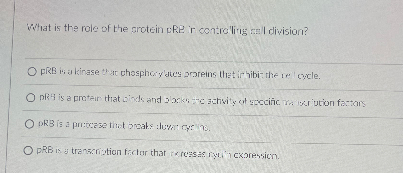 Solved What is the role of the protein pRB in controlling | Chegg.com