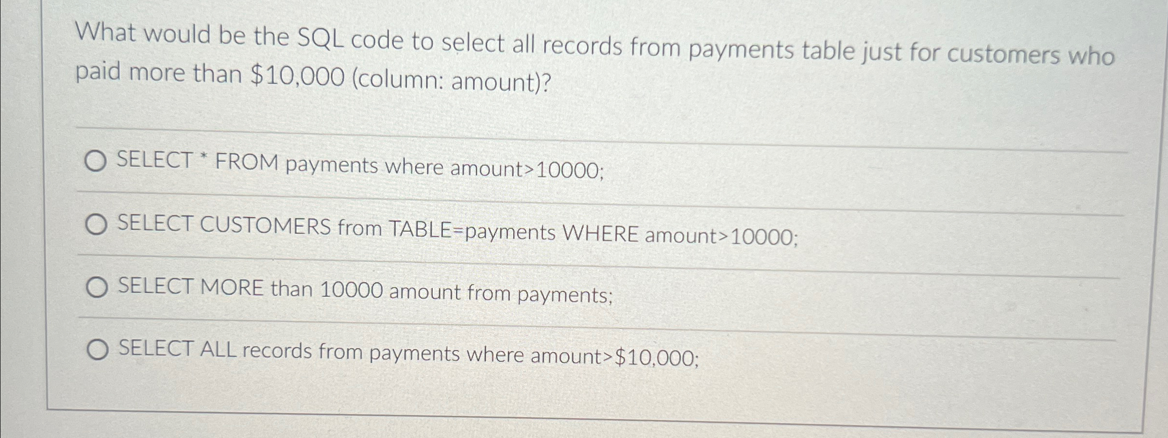 Solved What would be the SQL code to select all records from | Chegg.com
