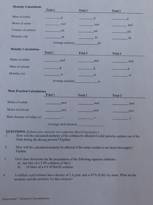 Solved CHEM 133 Laboratory Exercise Solution Concentration | Chegg.com