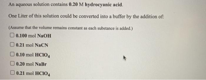 Solved An aqueous solution contains 0.20 M hydrocyanic acid. | Chegg.com