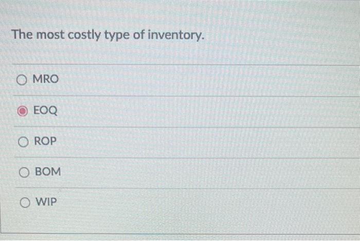 Solved The most costly type of inventory. MRO EOQ ROP BOM | Chegg.com