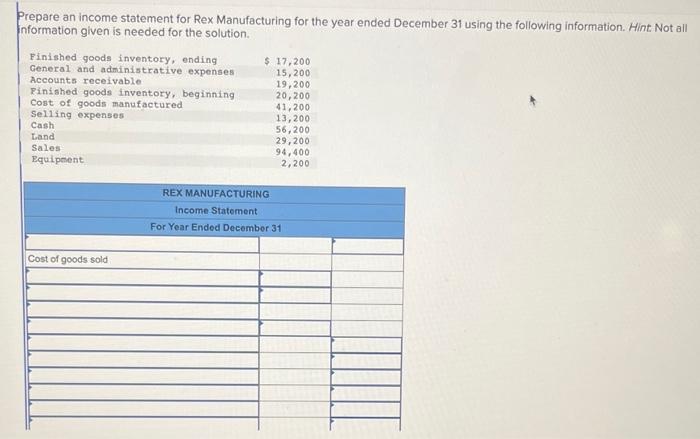 Solved repare an income statement for Rex Manufacturing for | Chegg.com