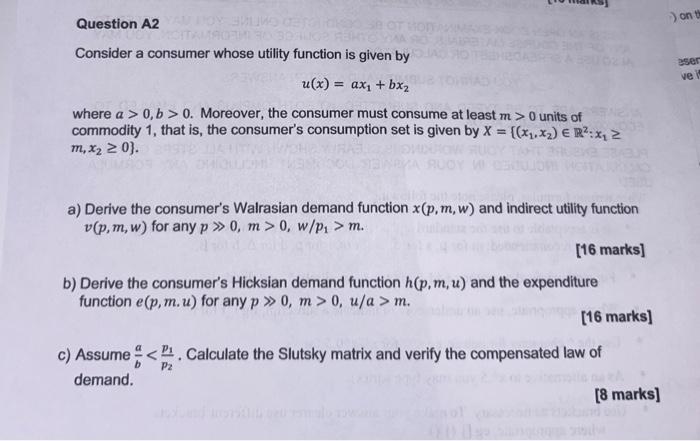Solved Consider a consumer whose utility function is given | Chegg.com