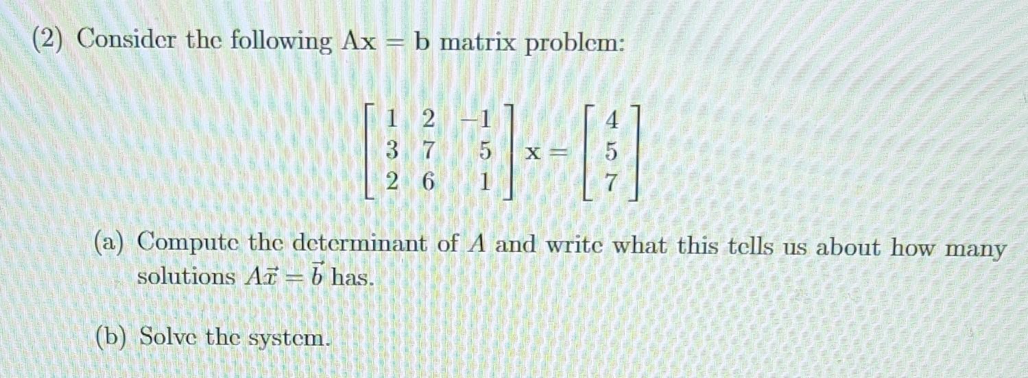 Solved (2) Consider the following Ax=b matrix problem: | Chegg.com