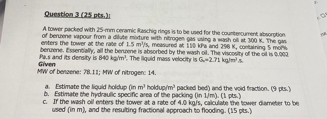 Solved Question 3 (25 ﻿pts.):A tower packed with 25-mm | Chegg.com