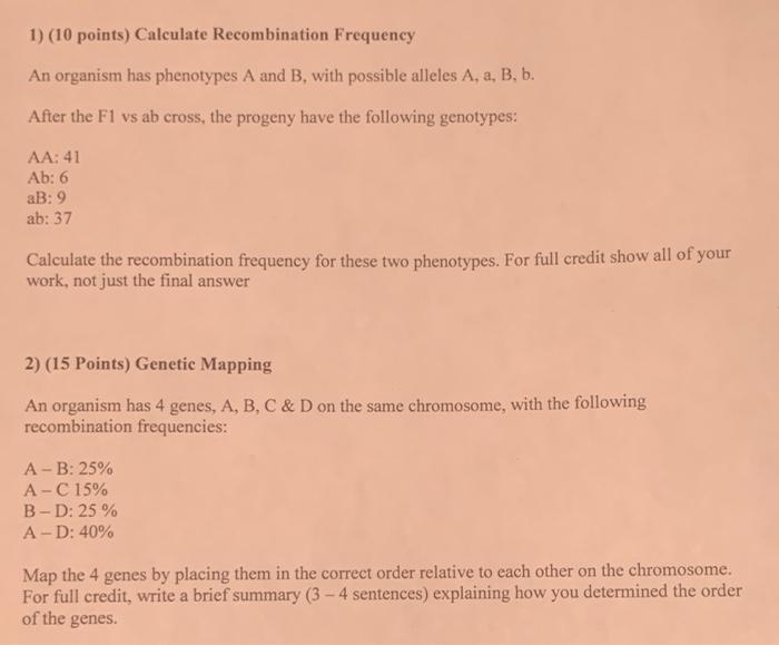 Solved 1) (10 points) Calculate Recombination Frequency An | Chegg.com