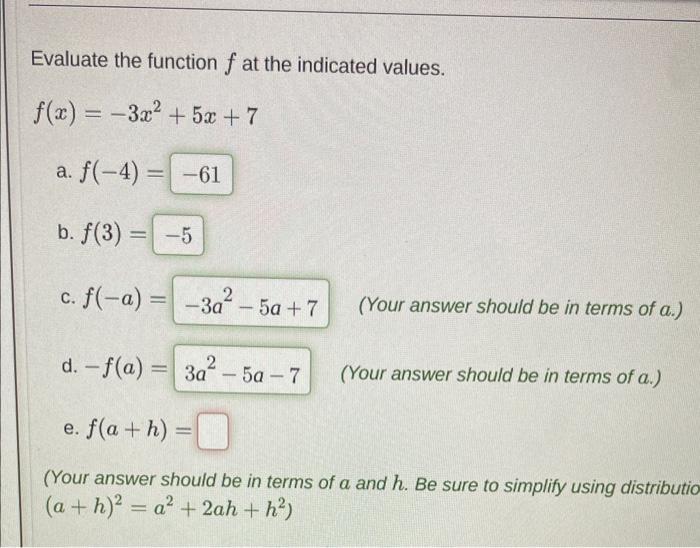Solved Evaluate the function f at the indicated values. | Chegg.com