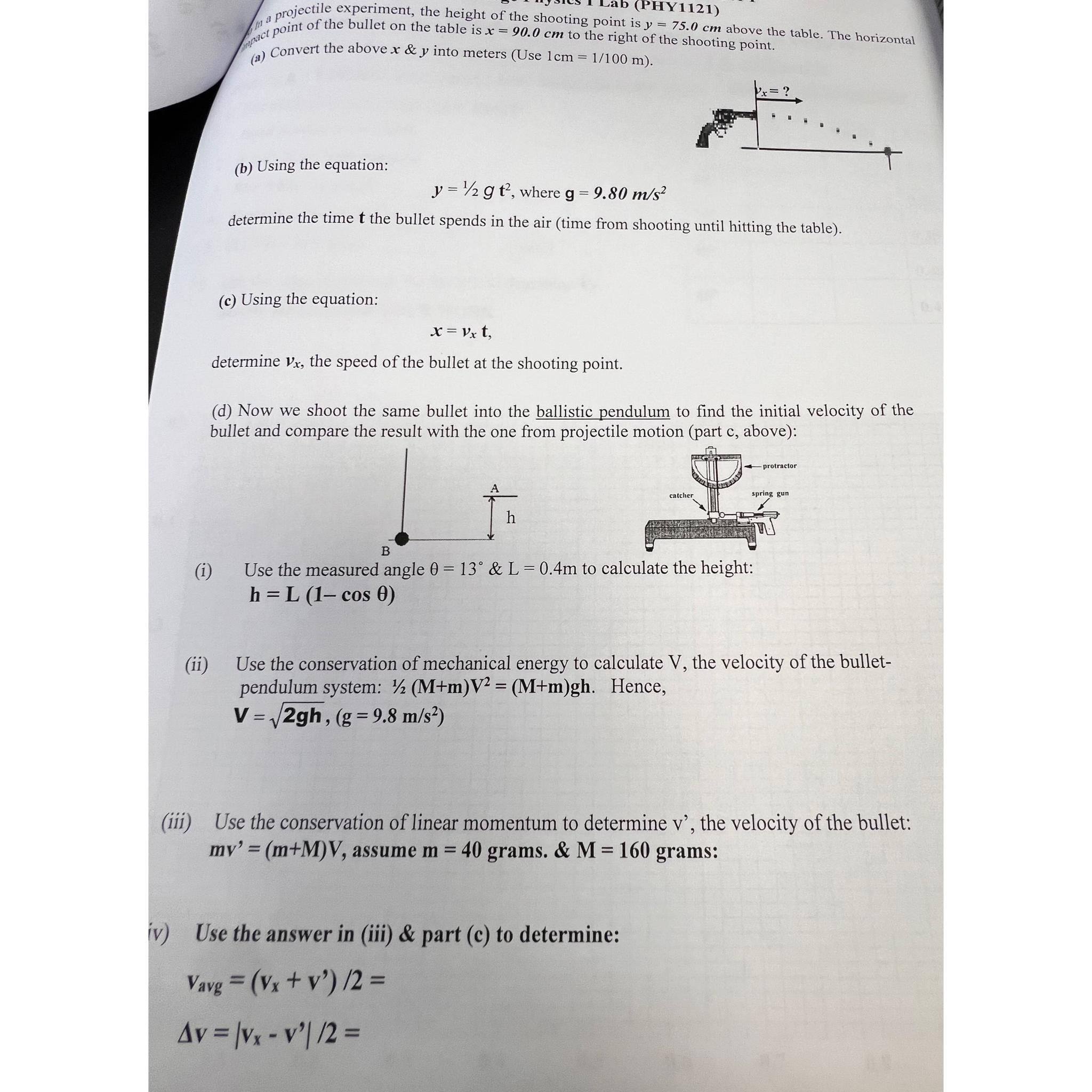 Solved a projectile experiment, the height of the shooting | Chegg.com