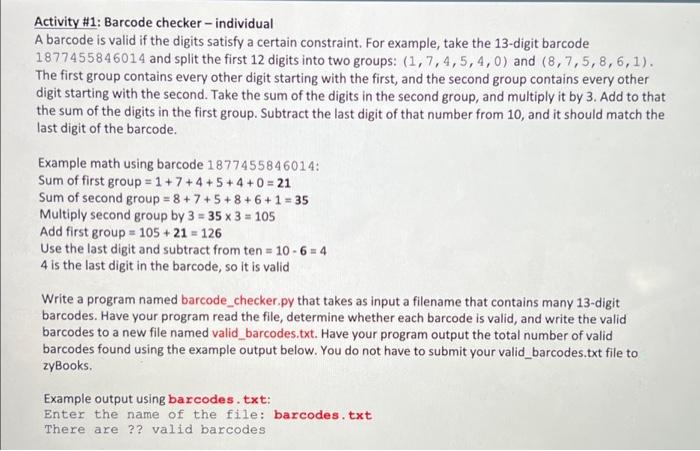 Solved Activity \#1: Barcode checker-individual A barcode is | Chegg.com