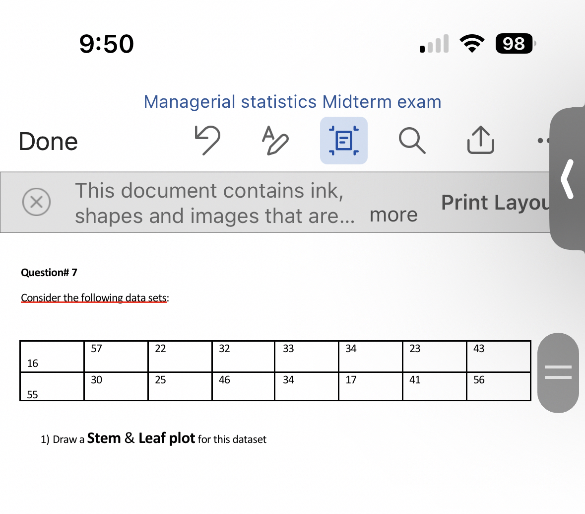 Solved 9:50Managerial statistics Midterm examDone A* ๑98This | Chegg.com