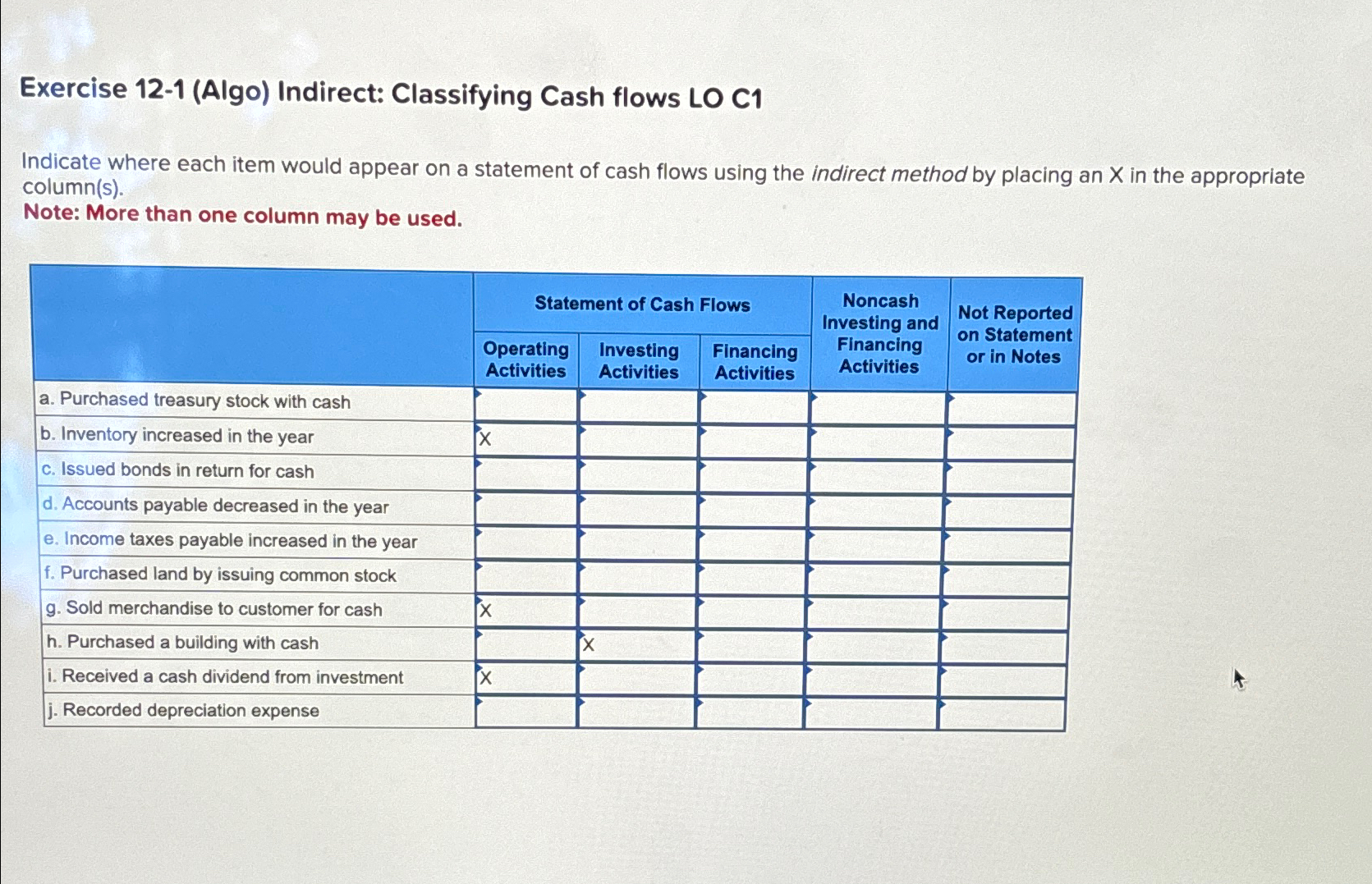 Solved Exercise 12-1 (Algo) ﻿Indirect: Classifying Cash | Chegg.com