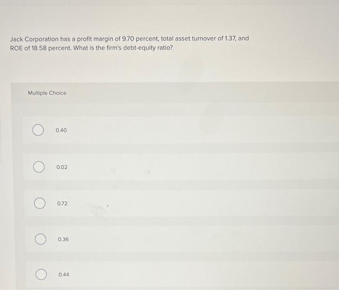 Solved Jack Corporation has a profit margin of 9.70 percent, | Chegg.com