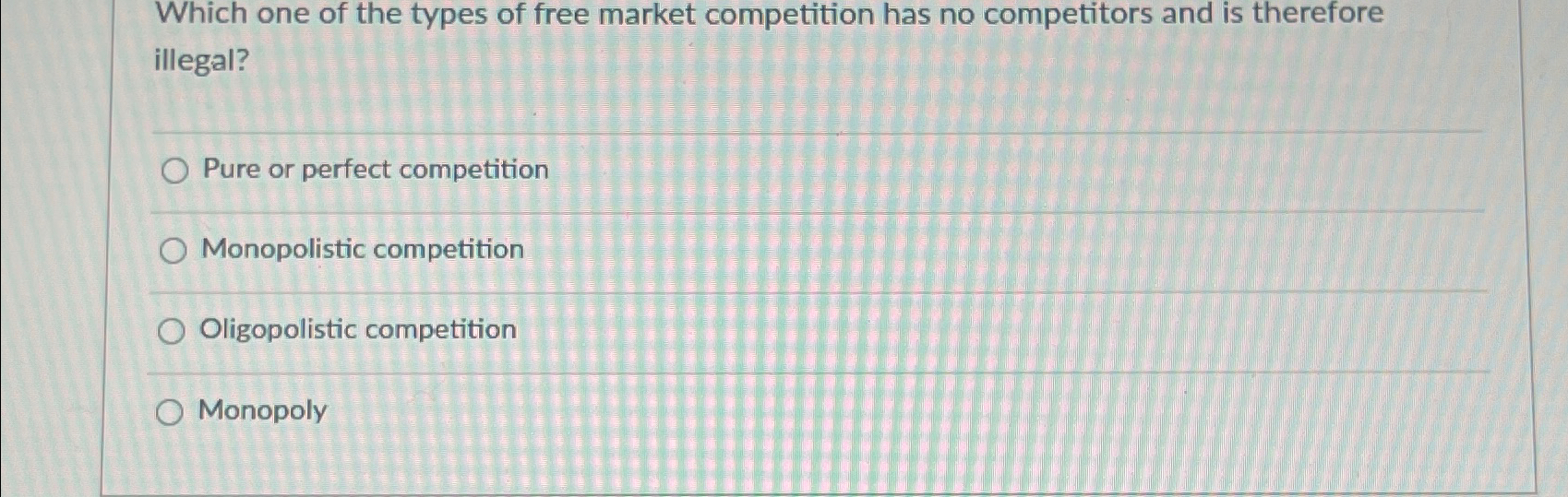 Solved Which one of the types of free market competition has | Chegg.com