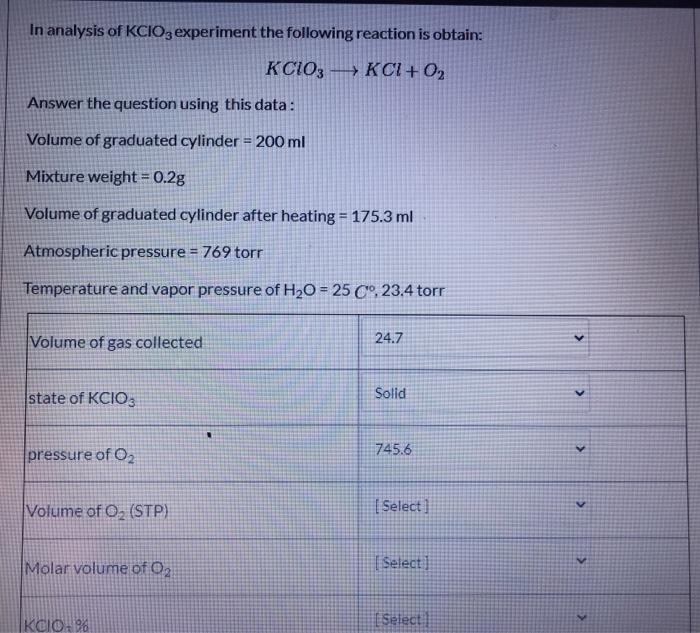 Solved In analysis of KCIO3 experiment the following | Chegg.com