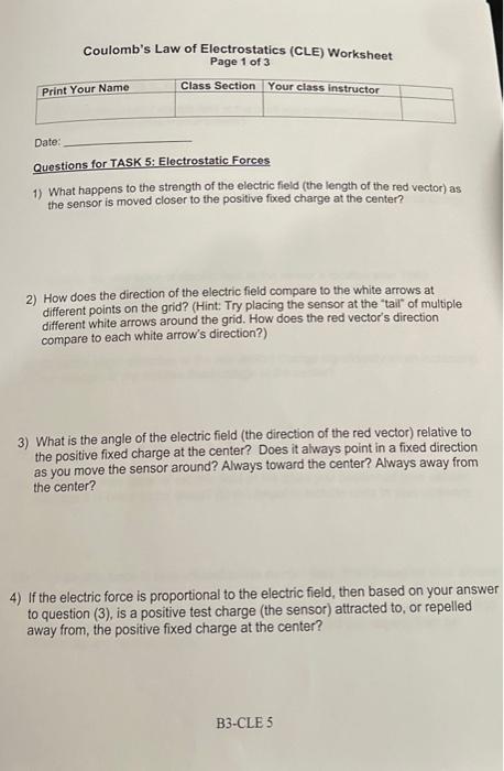Coulomb's Law of Electrostatics (CLE) Worksheet Page | Chegg.com