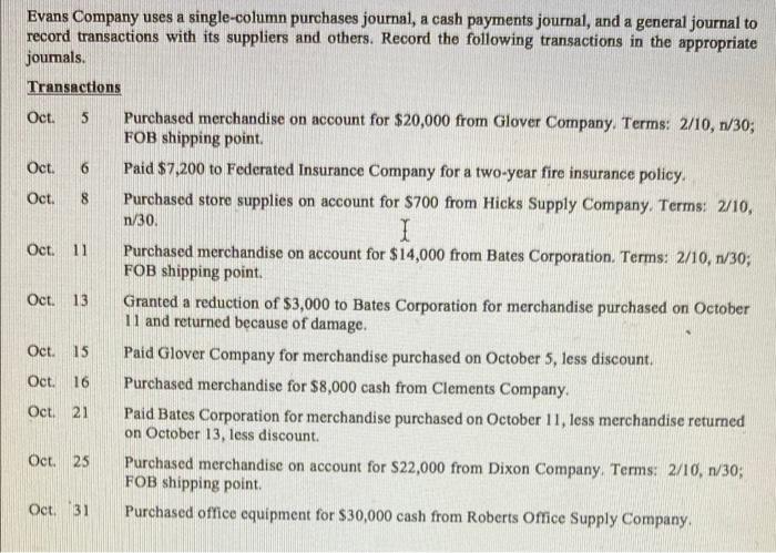 Solved Evans Company uses a single-column purchases journal, | Chegg.com