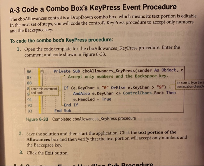A-3 Code a Combo Box's KeyPress Event Procedure The | Chegg.com
