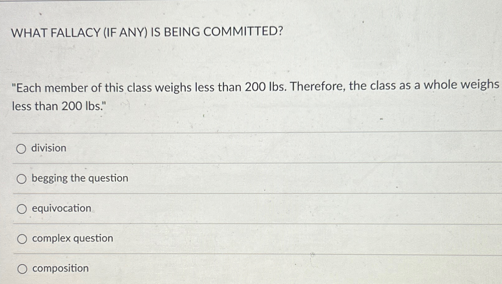 Solved WHAT FALLACY (IF ANY) ﻿IS BEING COMMITTED?"Each | Chegg.com