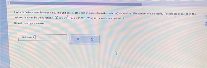 Solved A vehicle factory manufactures cars. The unt cost C | Chegg.com