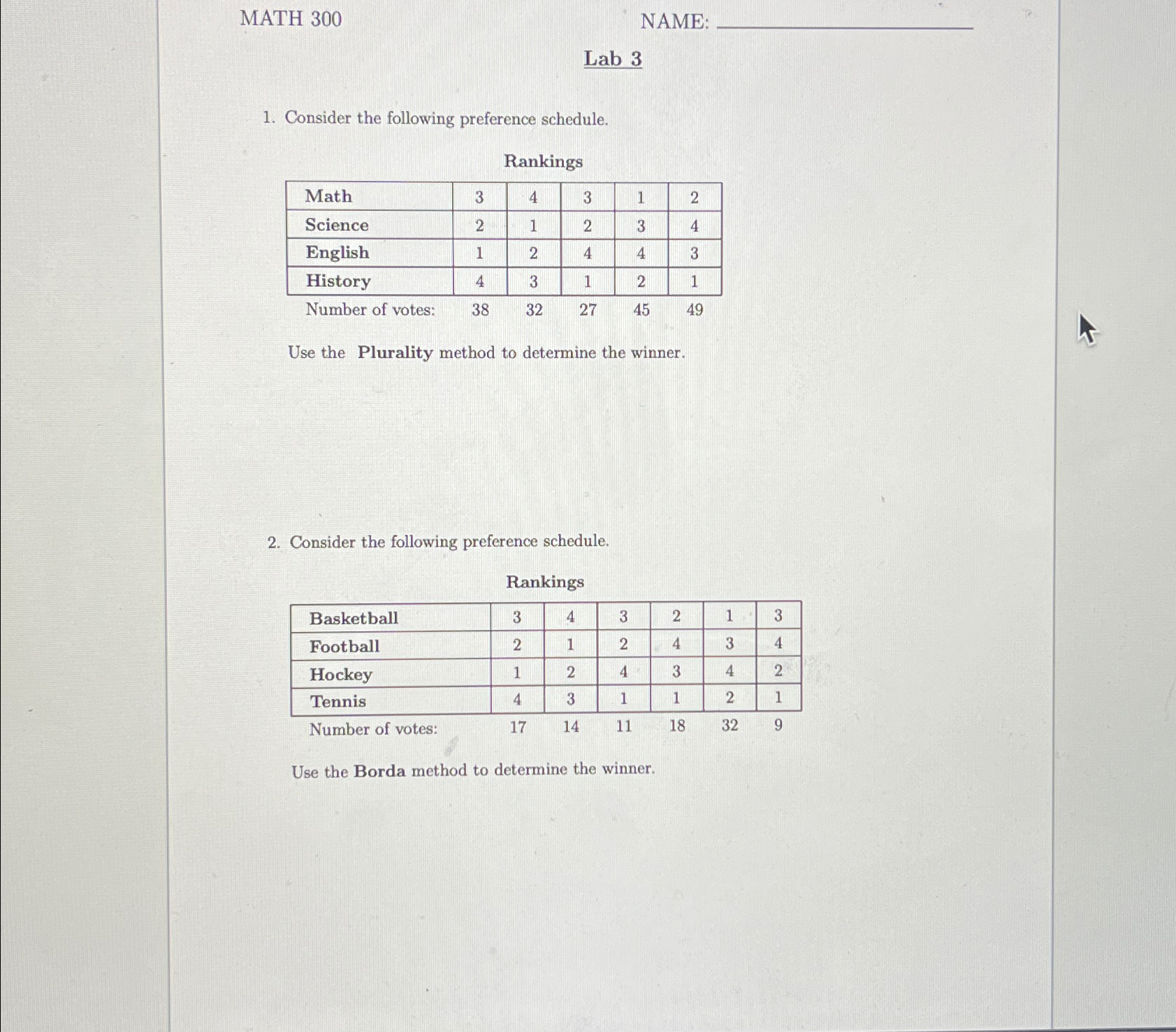 Solved MATH 300NAMELab 3Consider the following preference | Chegg.com