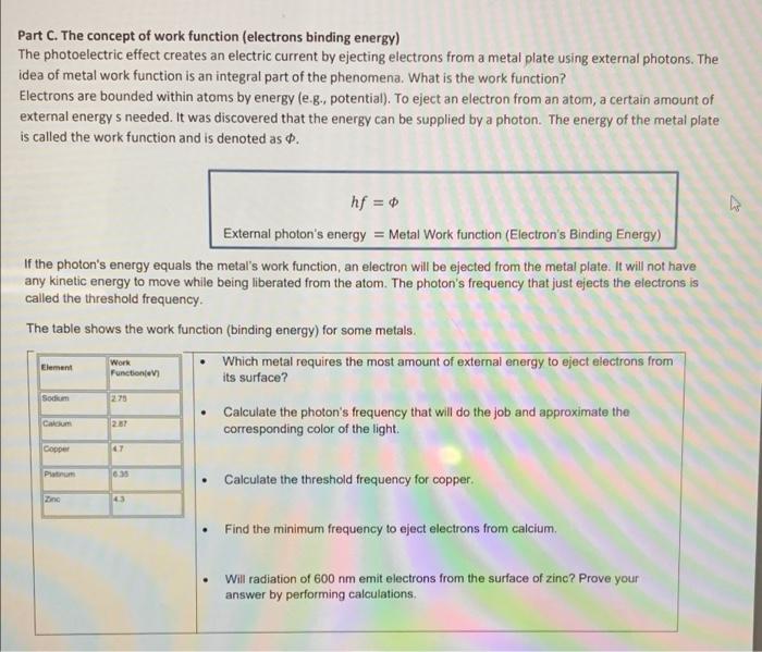 Solved Part C. The concept of work function (electrons | Chegg.com