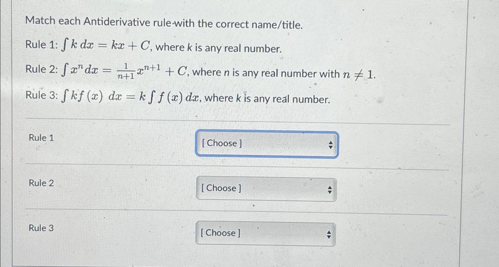 Solved Match each Antiderivative rule-with the correct | Chegg.com