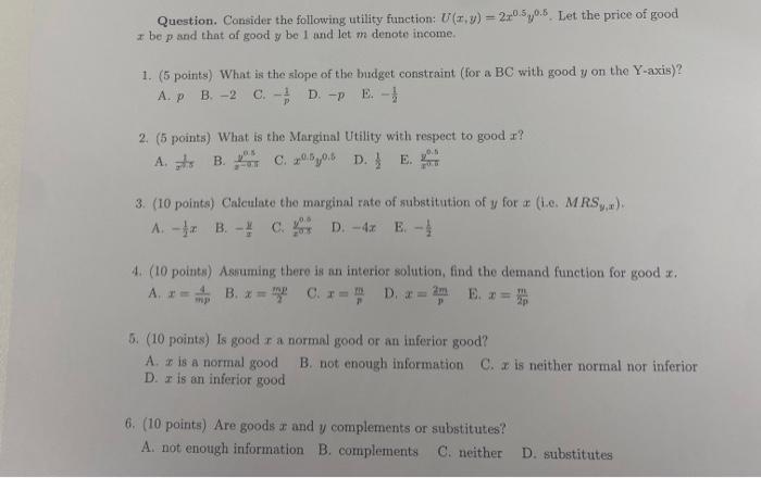 Solved EC 5000 Problem Set 3: Week 12 - Utility Functions | Chegg.com
