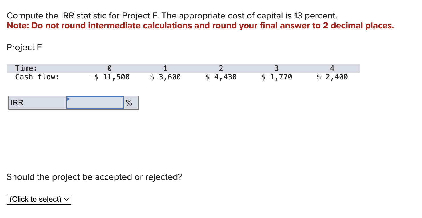 Solved Compute the IRR statistic for Project F. ﻿The | Chegg.com