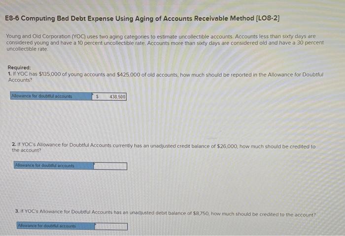 Solved E8-6 Computing Bad Debt Expense Using Aging of | Chegg.com