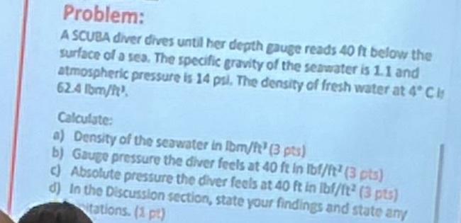 Solved Problem: A SCUBA diver dives until her depth gauge | Chegg.com