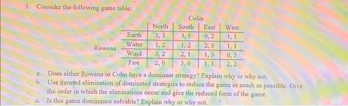 Solved 1. Consider the following game table: Rowena C. Earth | Chegg.com