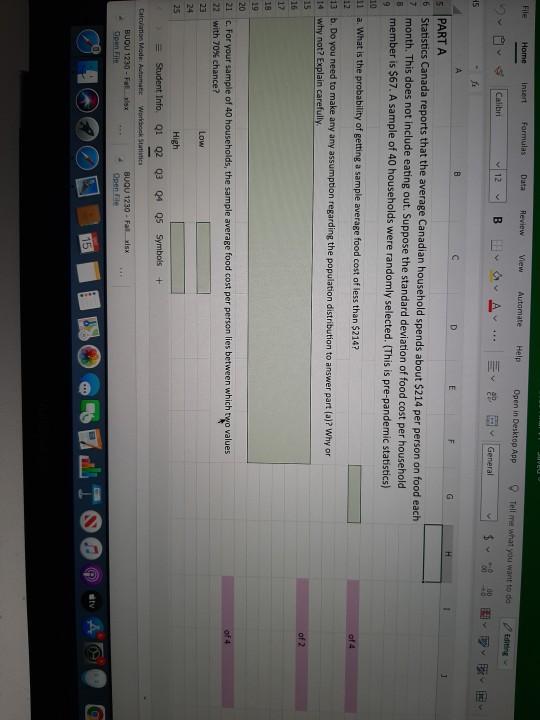 Solved Home Insert Formulas Data Review View Automate Help | Chegg.com