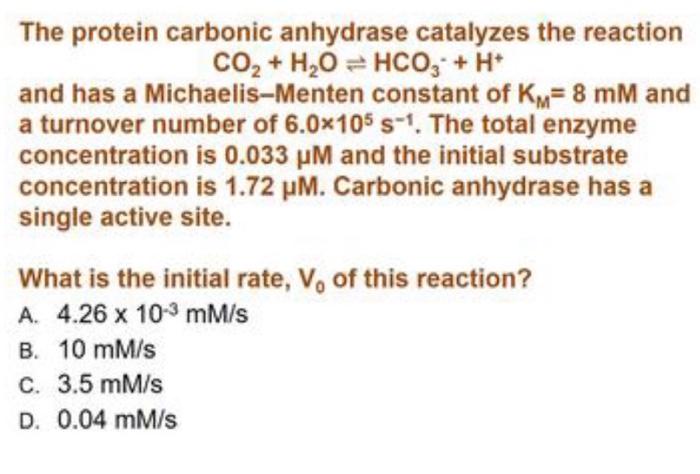 Solved The protein carbonic anhydrase catalyzes the reaction | Chegg.com