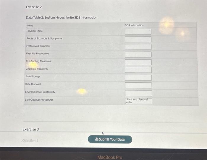 Solved Exercise 2 Data Table 2: Sodium Hypochlorite SDS | Chegg.com